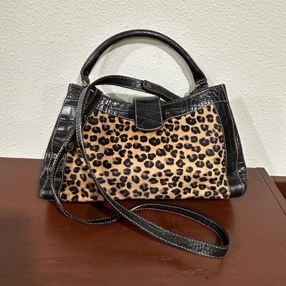 Brahmin | Bags | Vintage Brahmin Leopard Black Leather Croc Embossed ...